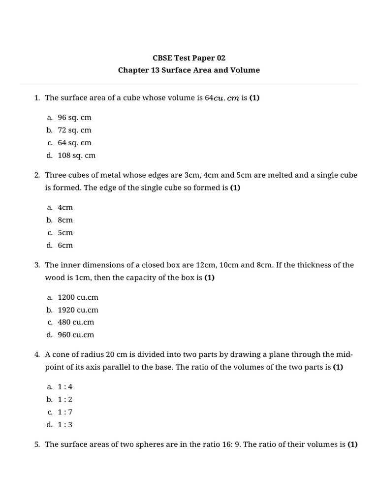 Surface Areas and Volumes Test 02 (Ans) | PDF