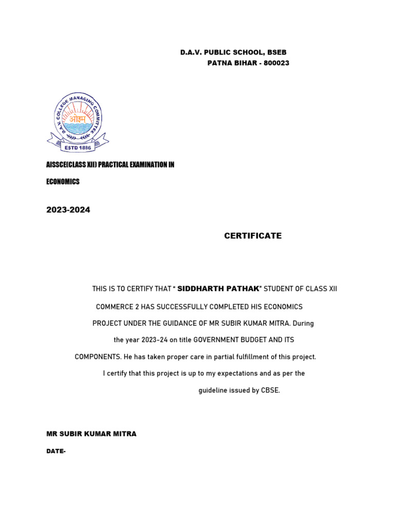2023-2024 Certificate: D.A.V. Public School, Bseb PATNA BIHAR - 800023 ...