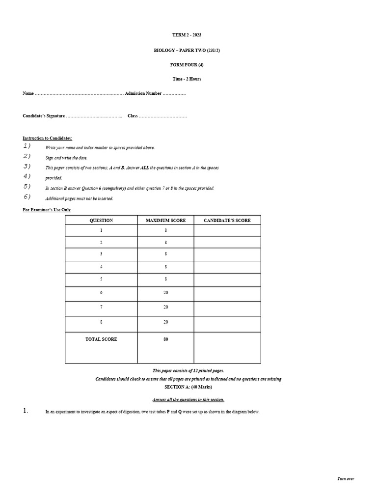 2023 BIOLOGY F4 P2 QS T2 Exam Teacher - Co - .Ke | PDF | Chemistry | Nature