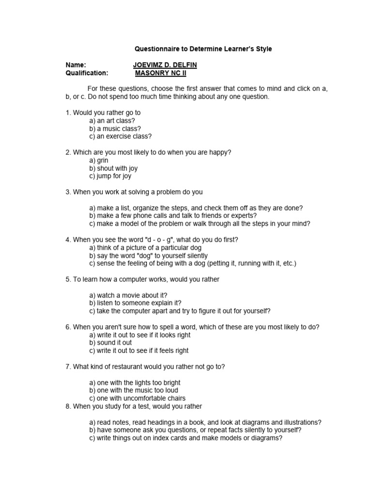 Questionnaire To Determine Learner - JOEVIMZ DELFIN | PDF | Learning ...