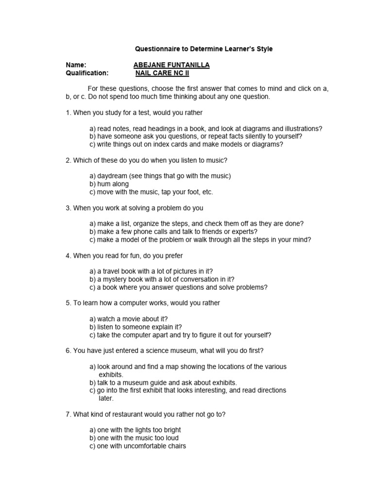Questionnaire To Determine Learner | PDF | Language Arts & Discipline