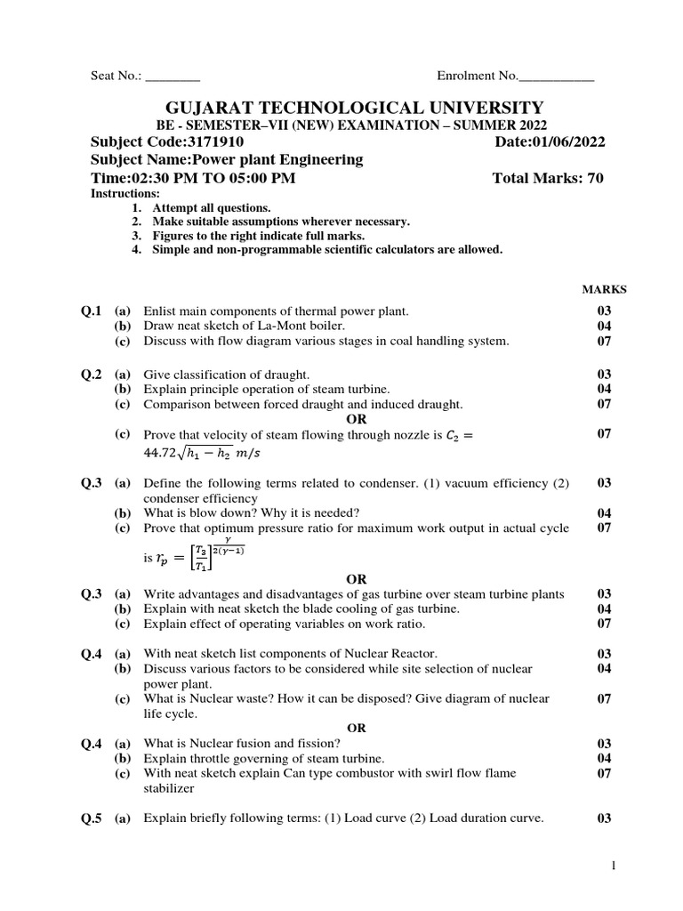 GTU Power Plant Engineering Exam 2022 | PDF | Boiler | Turbine