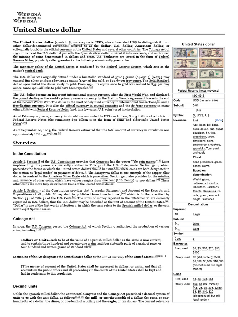 United States Dollar - Wikipedia | PDF | United States Dollar ...