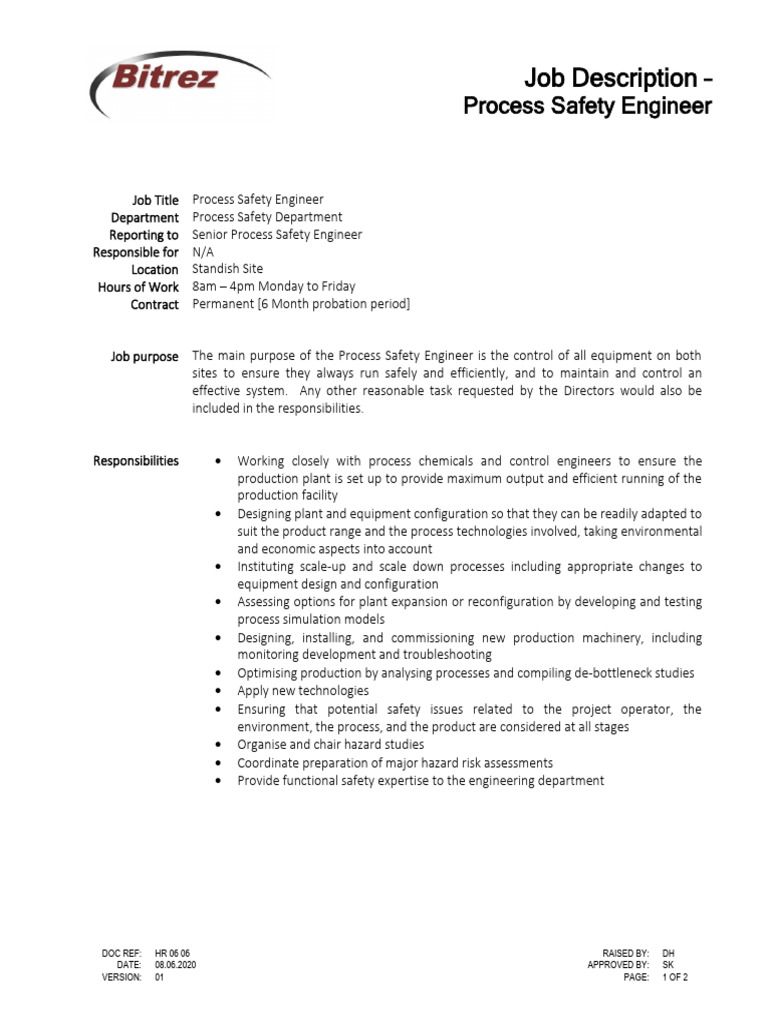 Process Safety Engineer Standish | Download Free PDF | Safety | Engineer