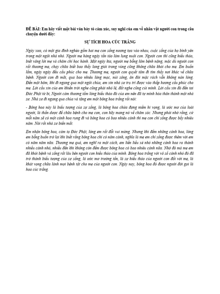 ĐỀ BÀI: Em hãy viết một bài văn bày tỏ cảm xúc, suy nghĩ của em về nhân vật người con trong câu ...
