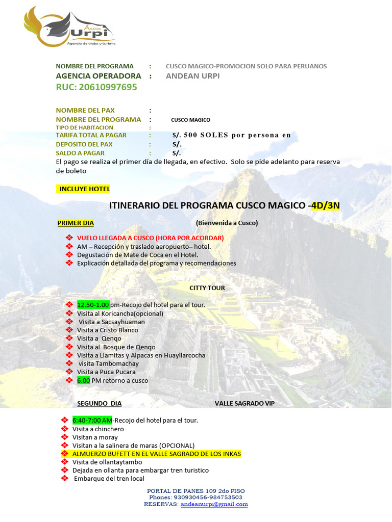 Tours 4d y 3n, Tren Local | PDF | Industrias de servicio | Transporte