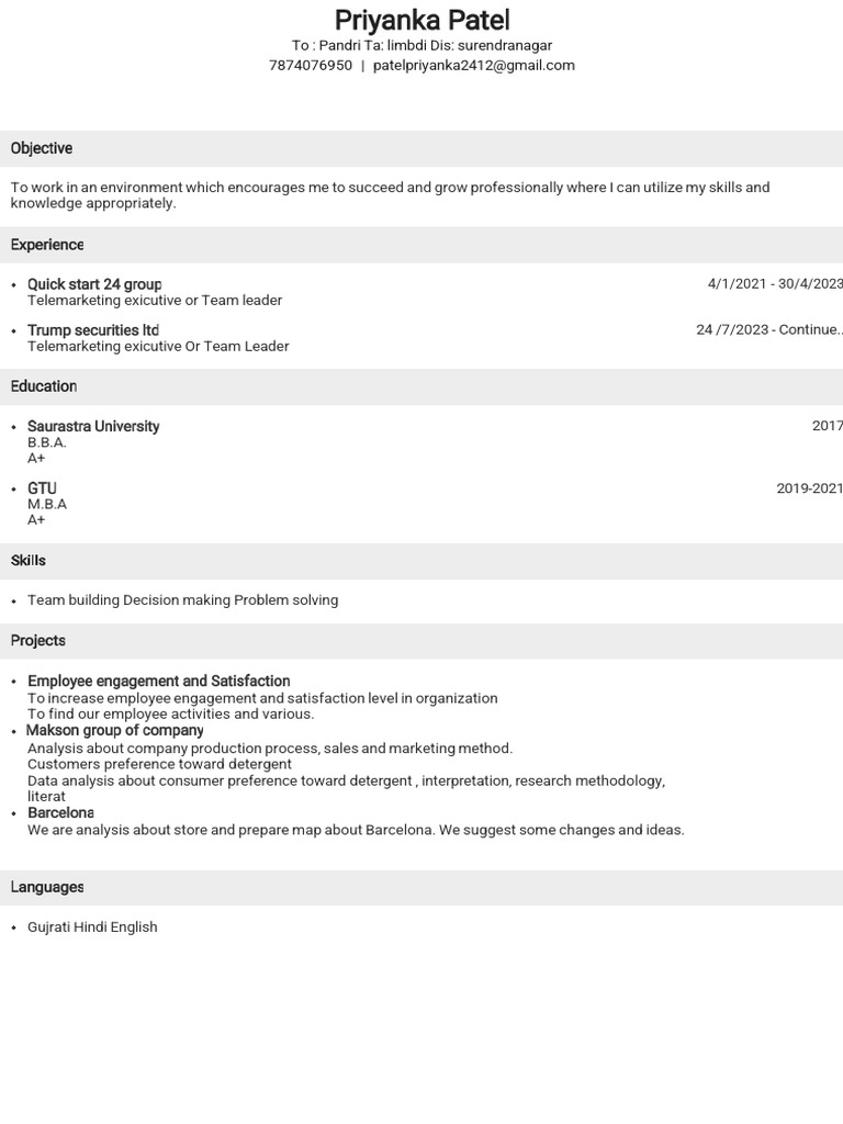 Priyanka Patel Cv | PDF