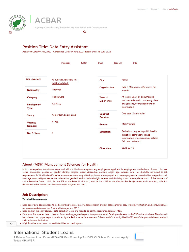 ACBAR - Data Entry Assistant | PDF | Data | Employment