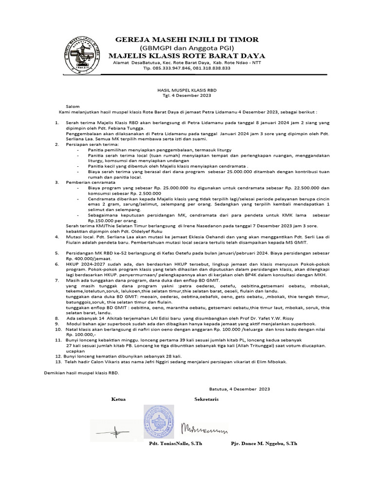 Hasil Muspel Klasis RBD 4 Desember 2023 | PDF