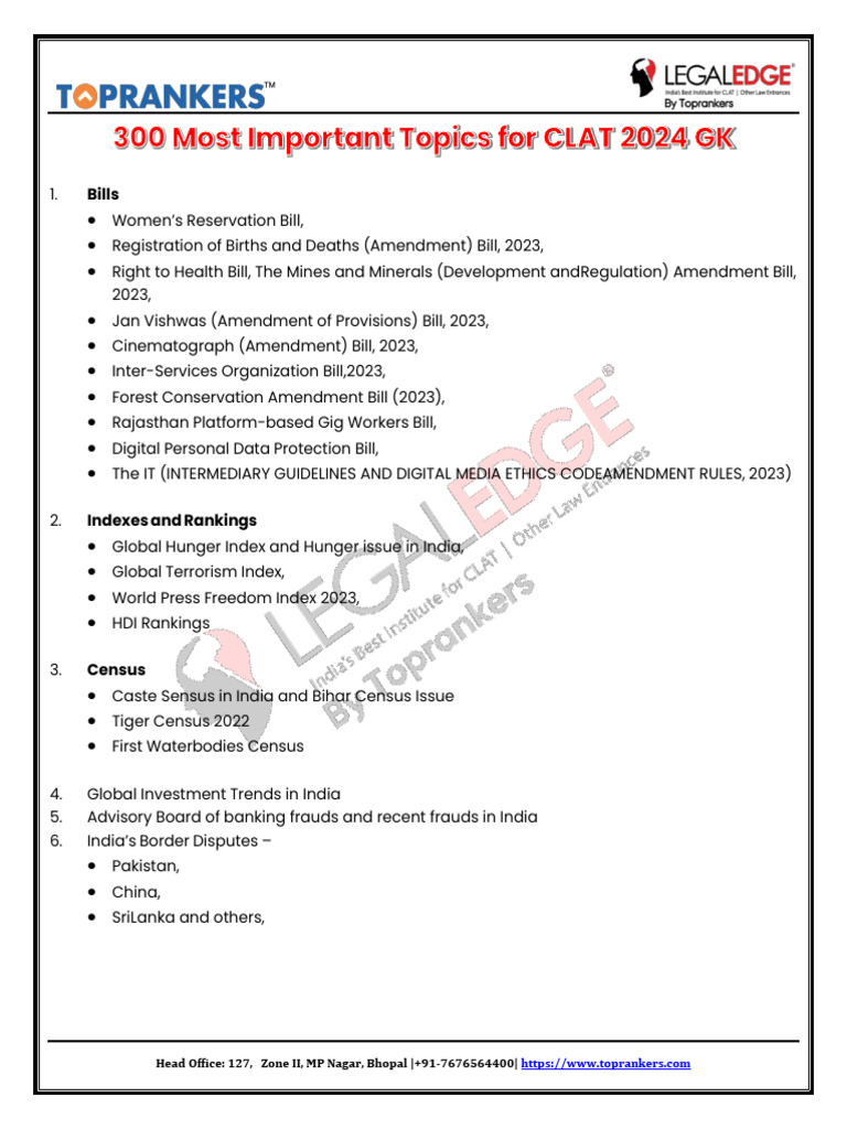 300 Most Important Topics For CLAT 2024 GK | PDF