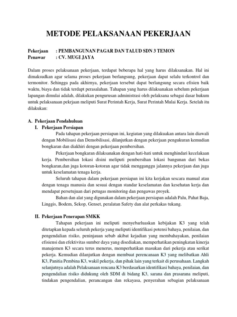 Contoh Metode Pelaksanaan Pekerjaan Konstruksi SD | PDF
