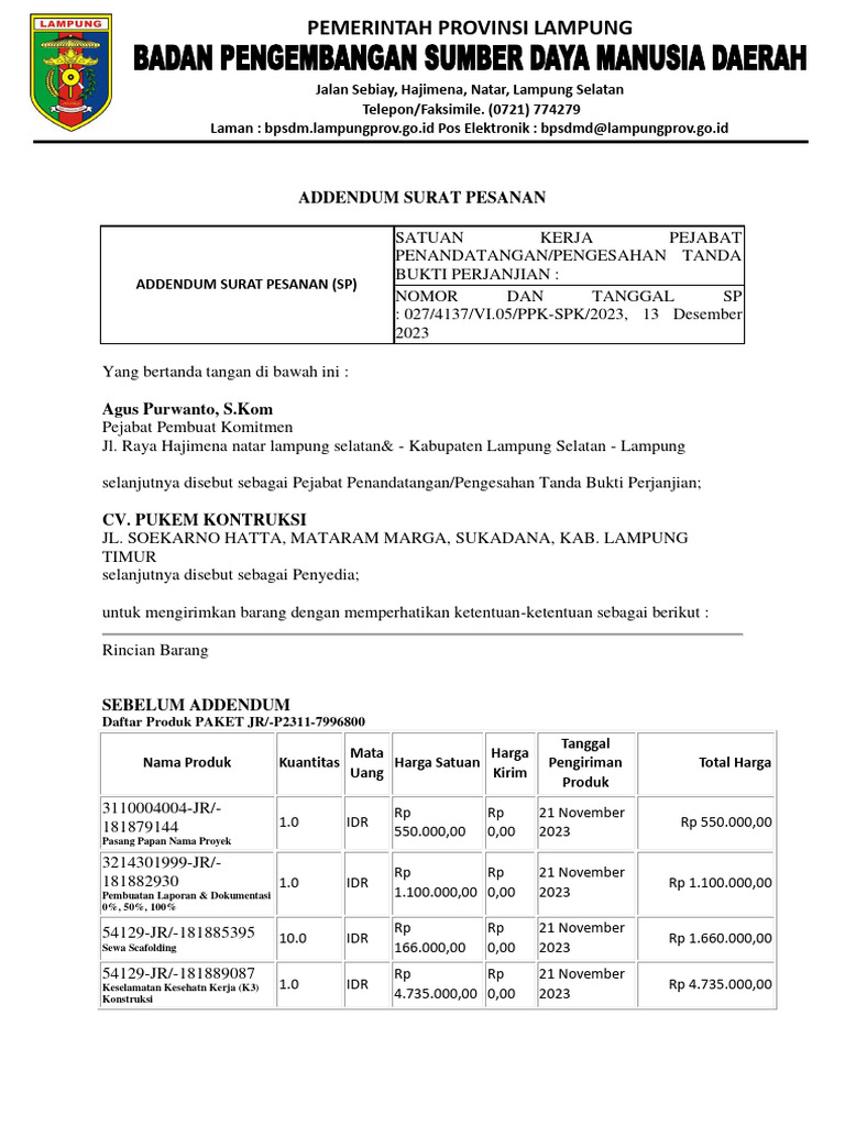 Addendum Dokumen Kontrak 5347095 Pukem | PDF