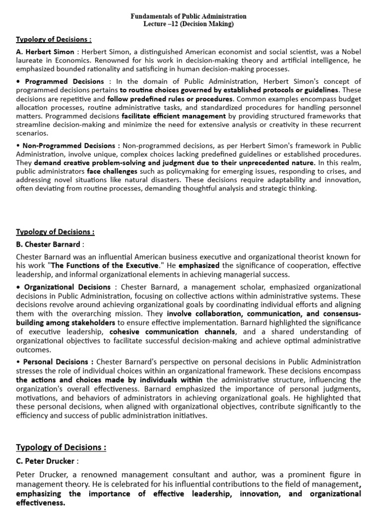 Fundamentals of Public Administration - Lecture 12 - NOTE | PDF | Decision Making | Rationality