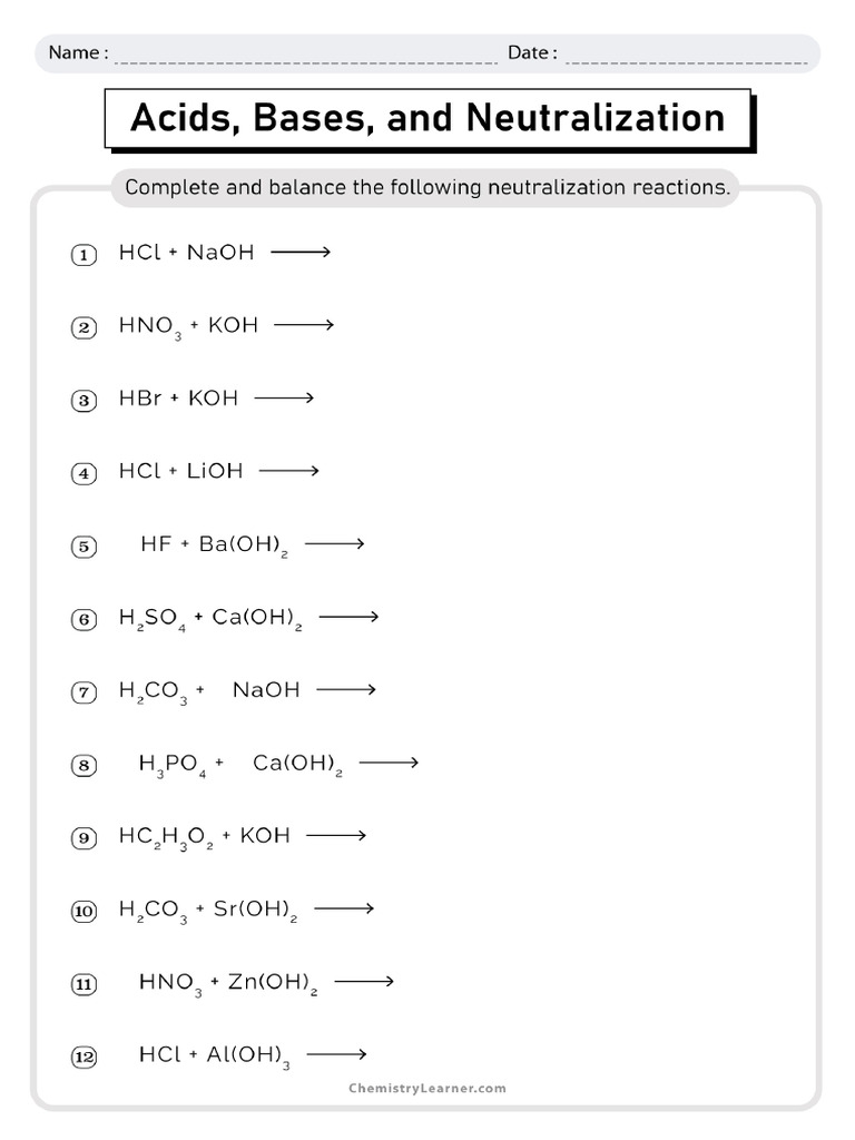 Acid Base Neutralization Reaction Worksheet | PDF