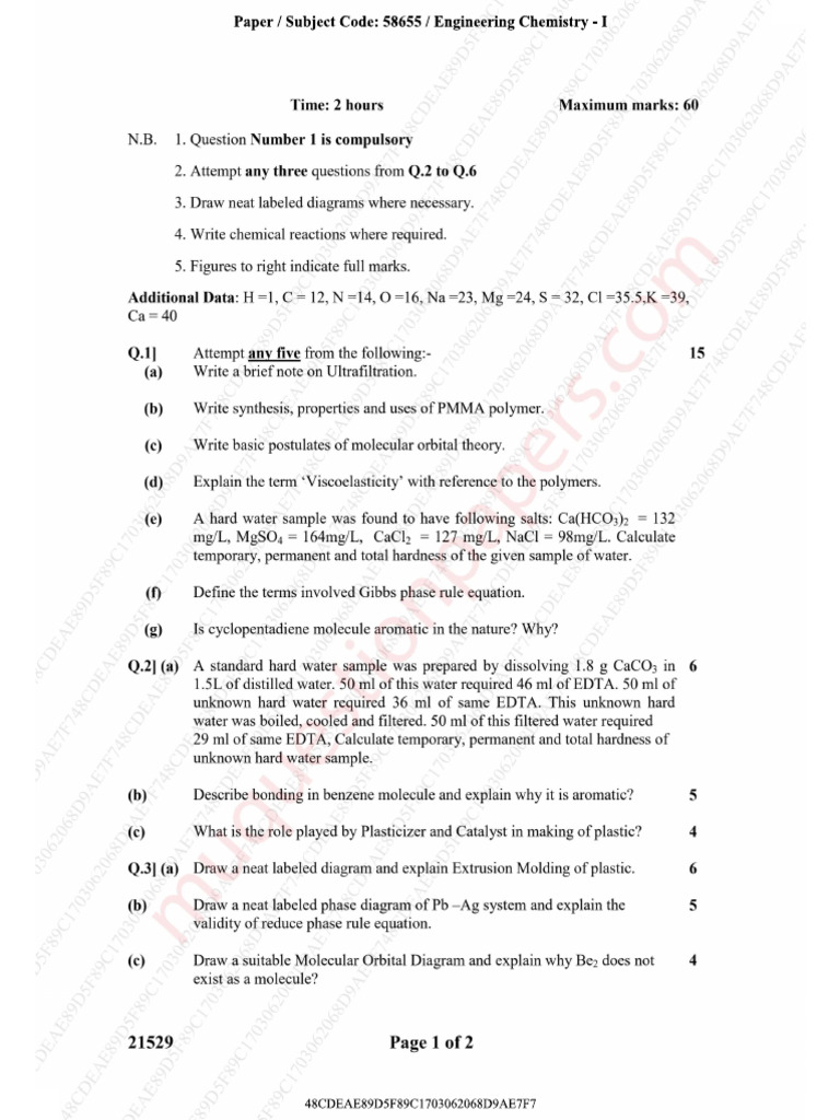Be First Year Engineering Semester 1 2022 December Engineering Chemistry I Chem1rev 2019c Scheme ...