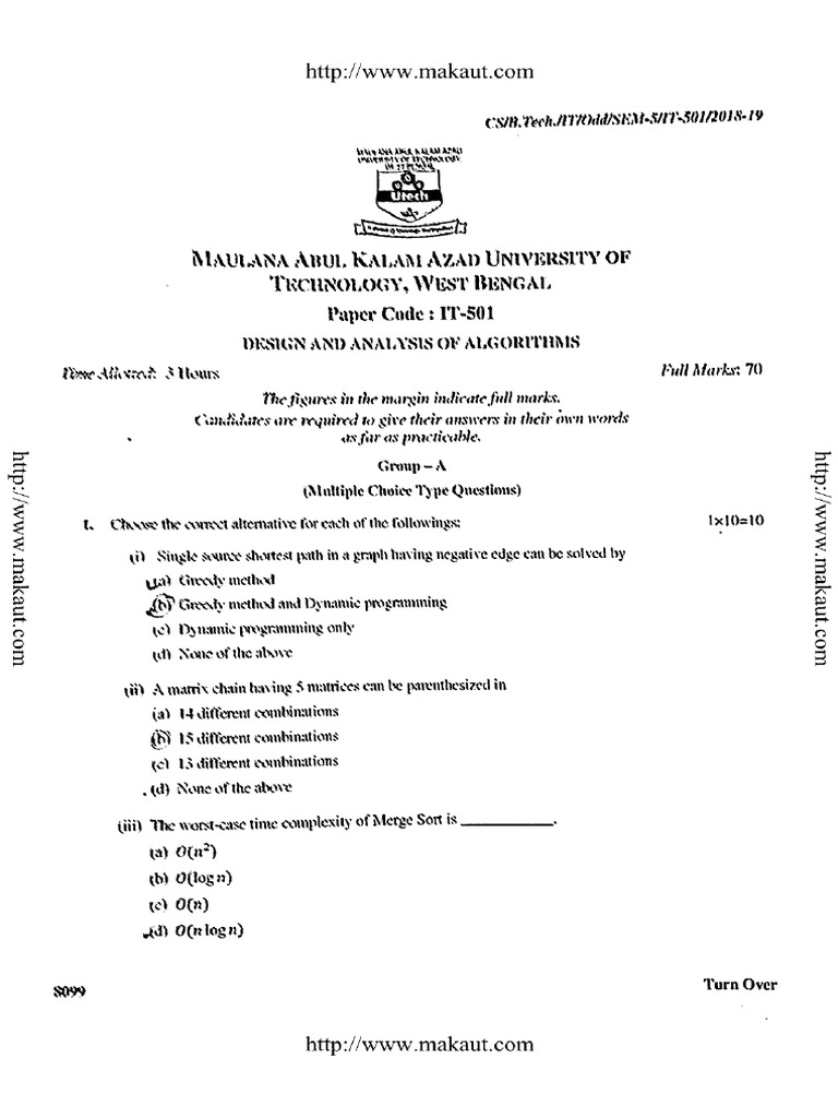 Btech It 5 Sem Design and Analysis of Algorithms It 501 2019 | PDF