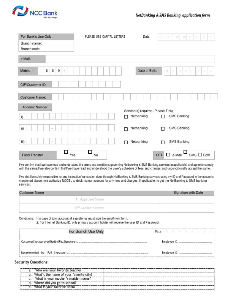 NCC BANK NETBANKING APPLICATION FORM | PDF | Finance & Money Management