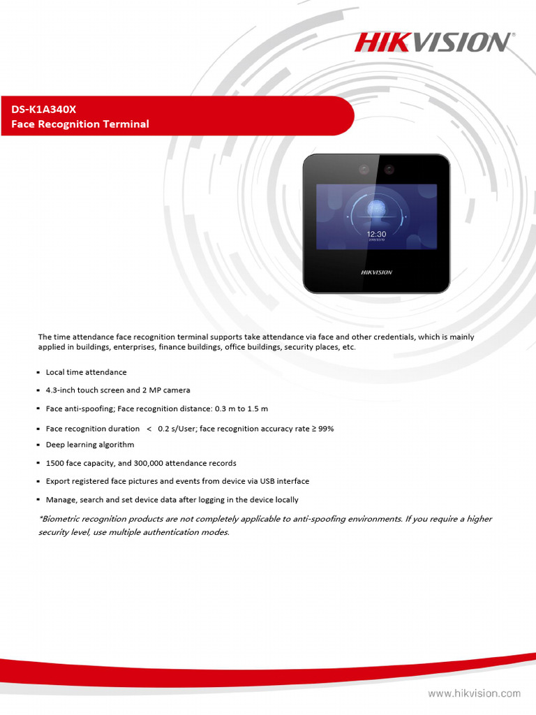 DS K1A340X Face Recognition Terminal Datasheet V1.0 20221128 | PDF | Computers
