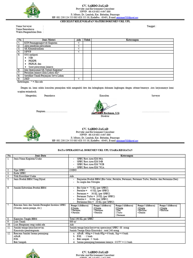 Checklist Kebutuhan Data Survey SPBU Rest Area (PT. Jasamasrga Related ...