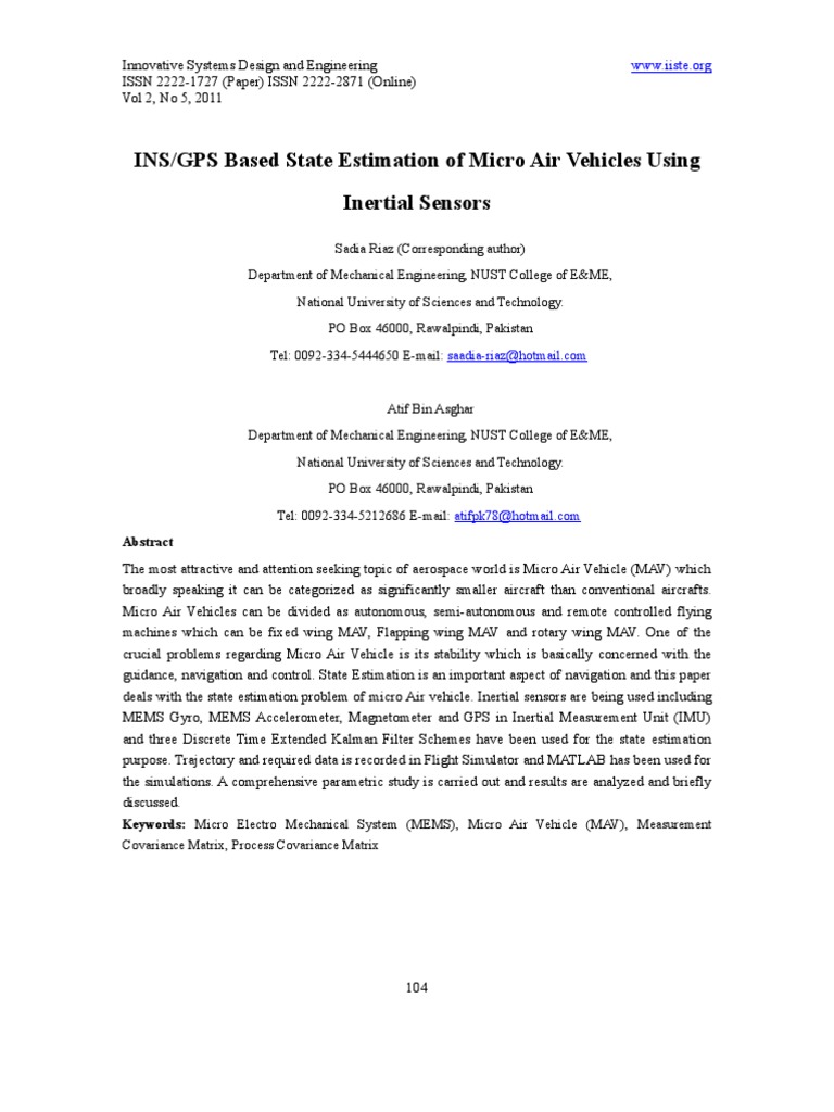INS/GPS Based State Estimation of Micro Air Vehicles Using Inertial Sensors | PDF | Inertial ...