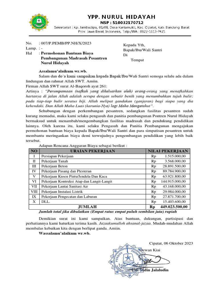 Contoh Surat Donasi Pembangunan Pesantren | PDF