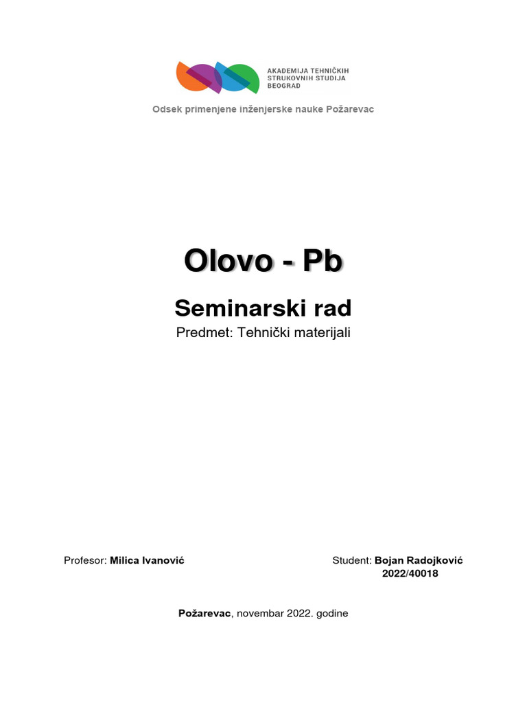 Seminarski Rad - Olovo PB | PDF