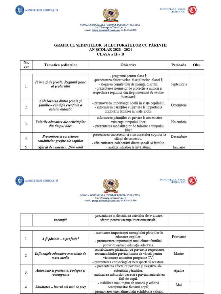 Planificare - Sedinte Parinti | PDF
