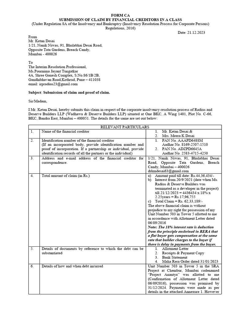 Form Ca 1 2 Ketan Desai Pdf Debt Bankruptcy
