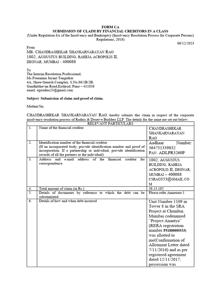 Form CA Sample | PDF | Bankruptcy | Set Off (Law)