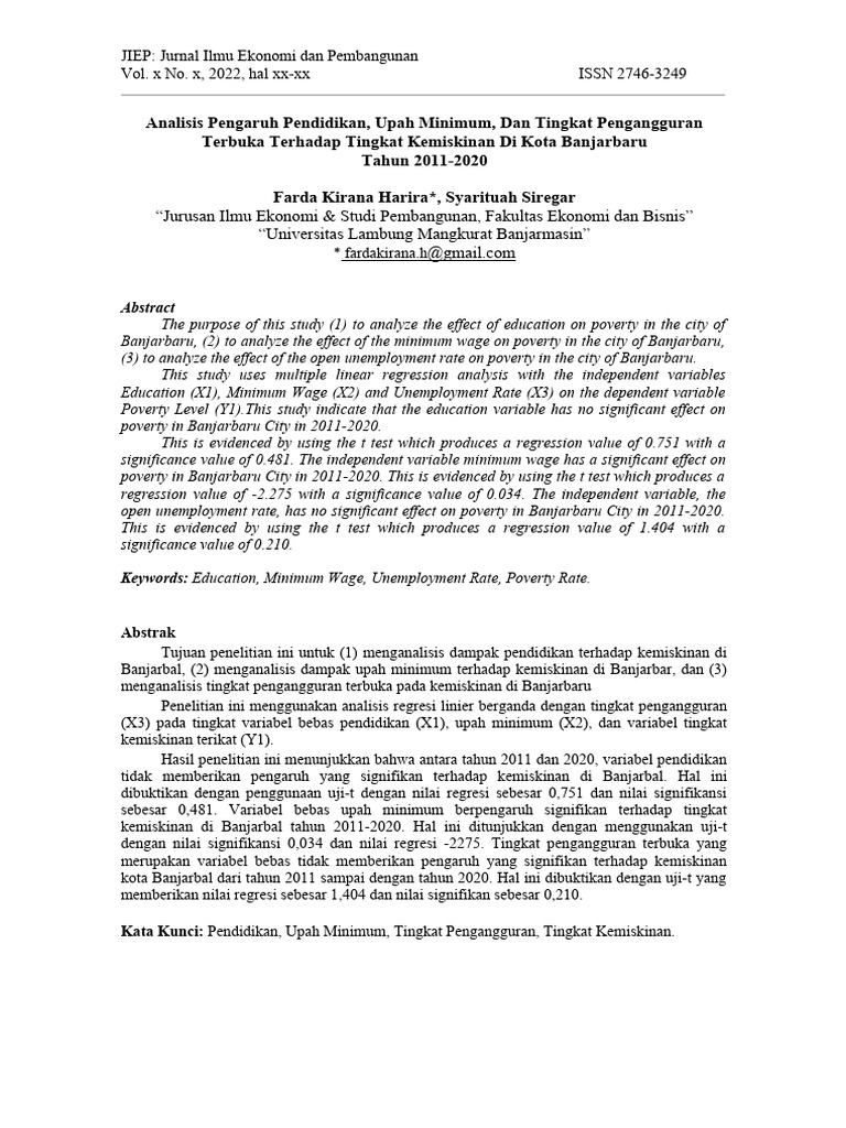 Analisis Pengaruh Pendidikan, Upah Minimum, Dan Tingkat Pengangguran Terbuka Terhadap Tingkat ...