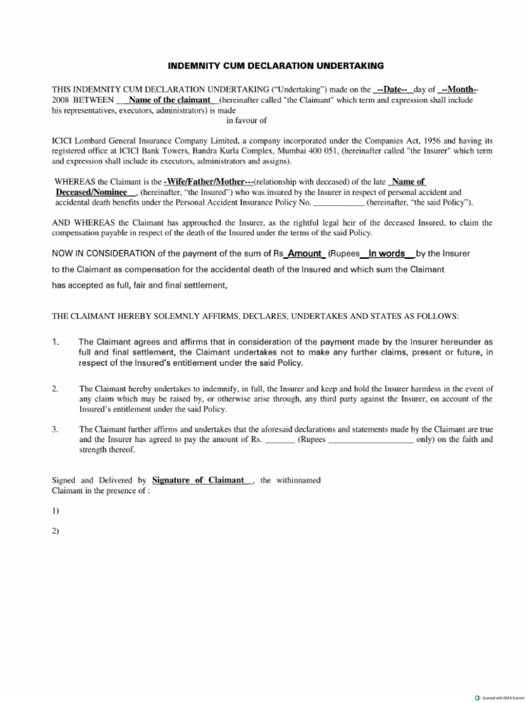 Indemnity Cum Declaration Undertaking-3 | PDF