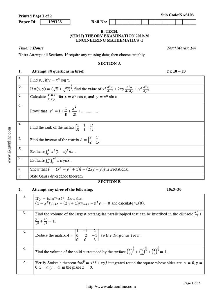 Btech 1 Sem Engineering Mathematics 1 Nas103 2020 | PDF | Equations | Matrix (Mathematics)