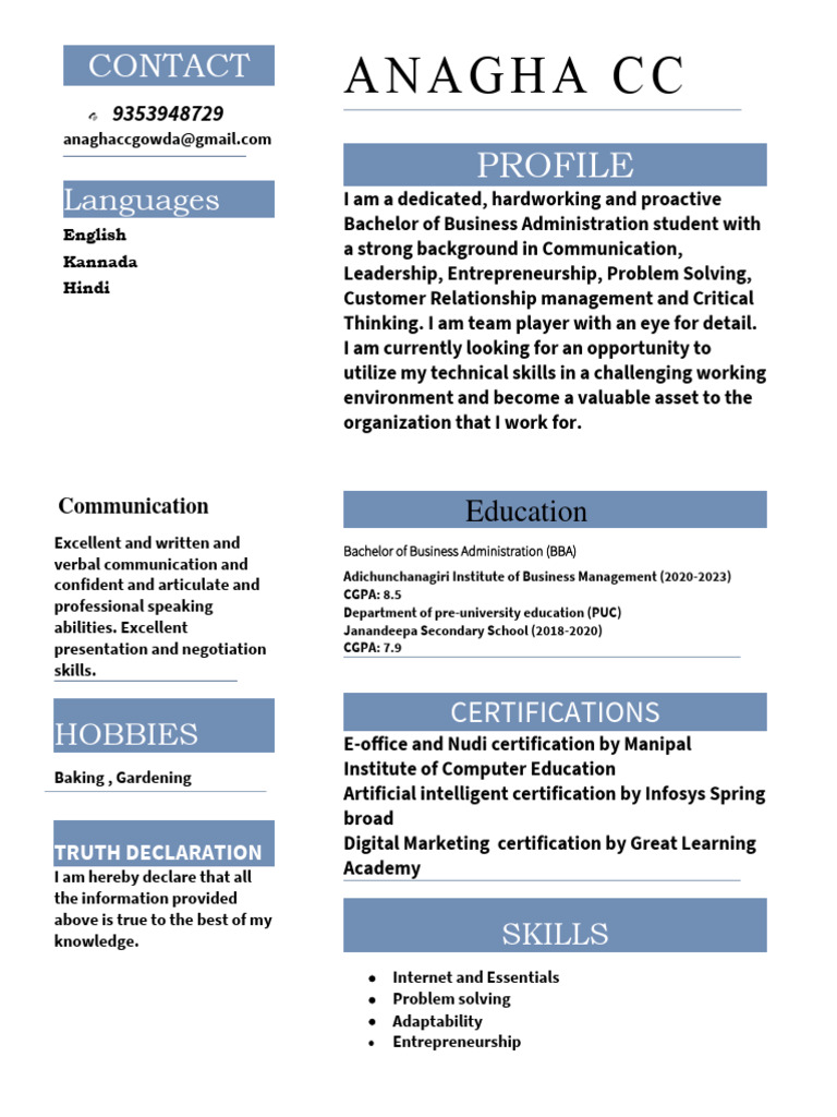 Resume of Anagha CC | PDF