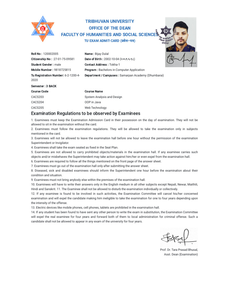 TU Exam Admit Card Instructions | PDF