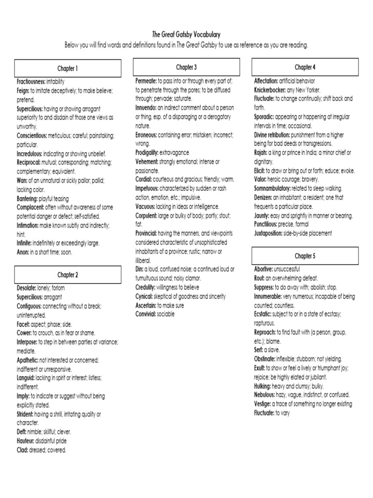 Vocabulary Guide for The Great Gatsby | PDF