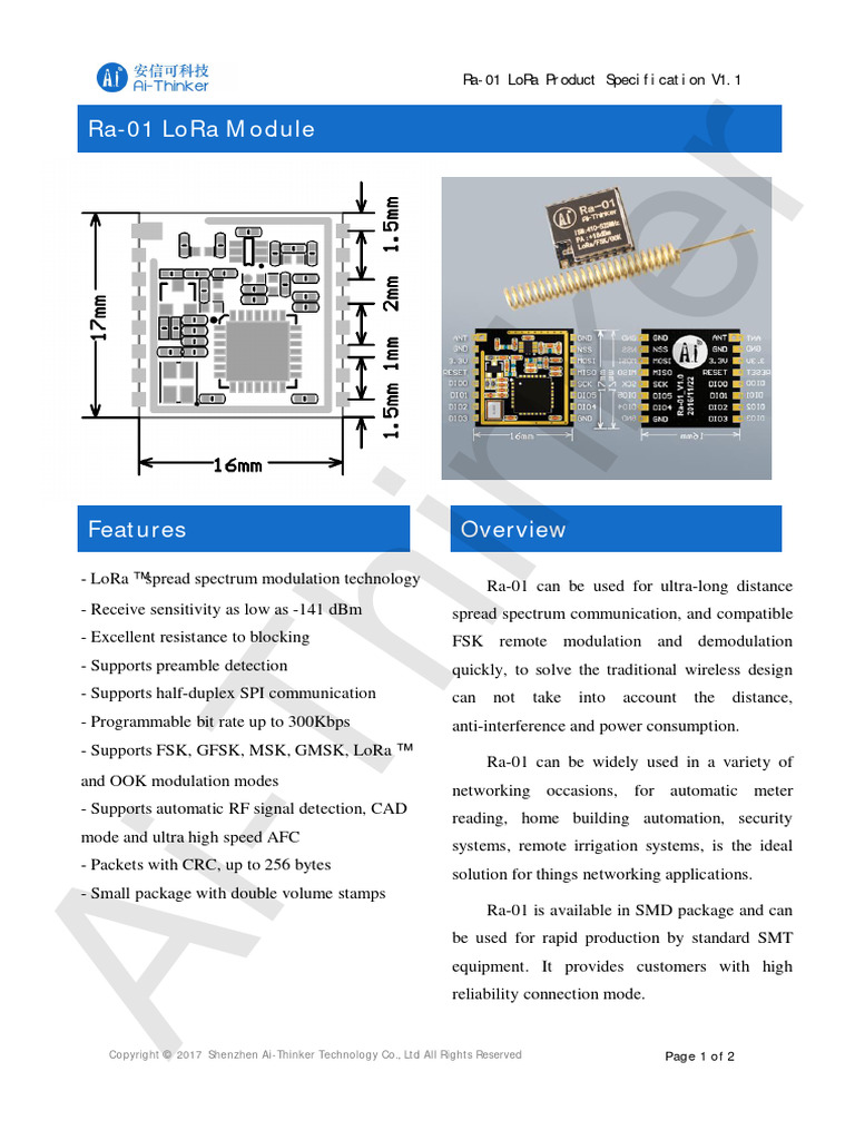 Ra-01 LoRa Module Specs v1.1 | PDF | Modulation | Electrical Engineering