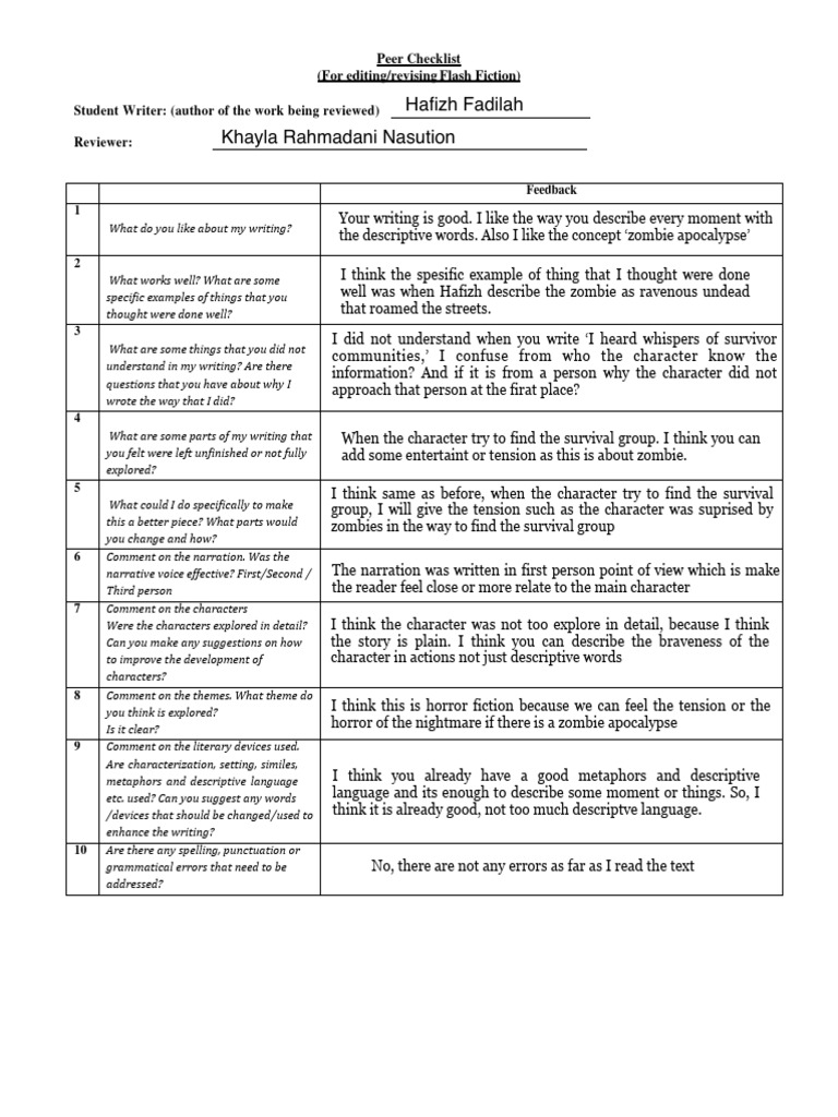 Flash Fiction Peer Review Checklist | PDF | Narration | Zombies