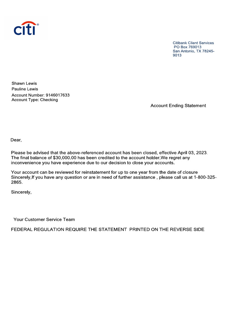 Citi Bank Closure Statement 2 | PDF