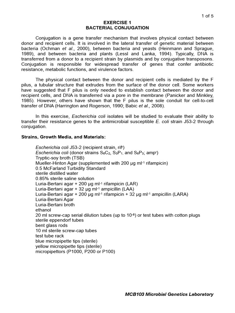 Exercise 1 - Bacterial Conjugation | PDF | Life Sciences | Biochemistry