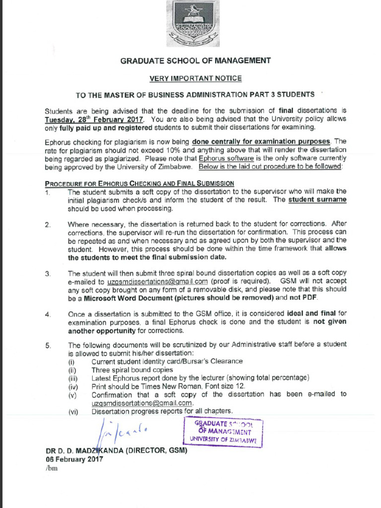 Dissertation Submission Notice - MBA Part 3 | PDF