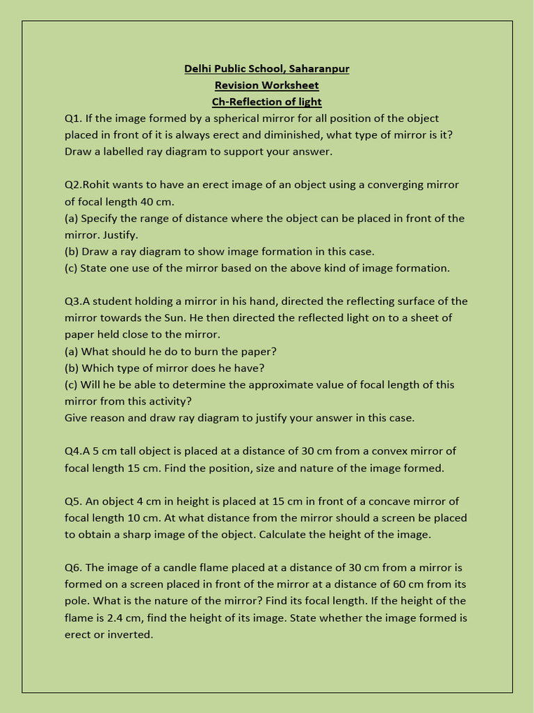 Reflection of Light Worksheet 1 | PDF | Mirror | Atomic