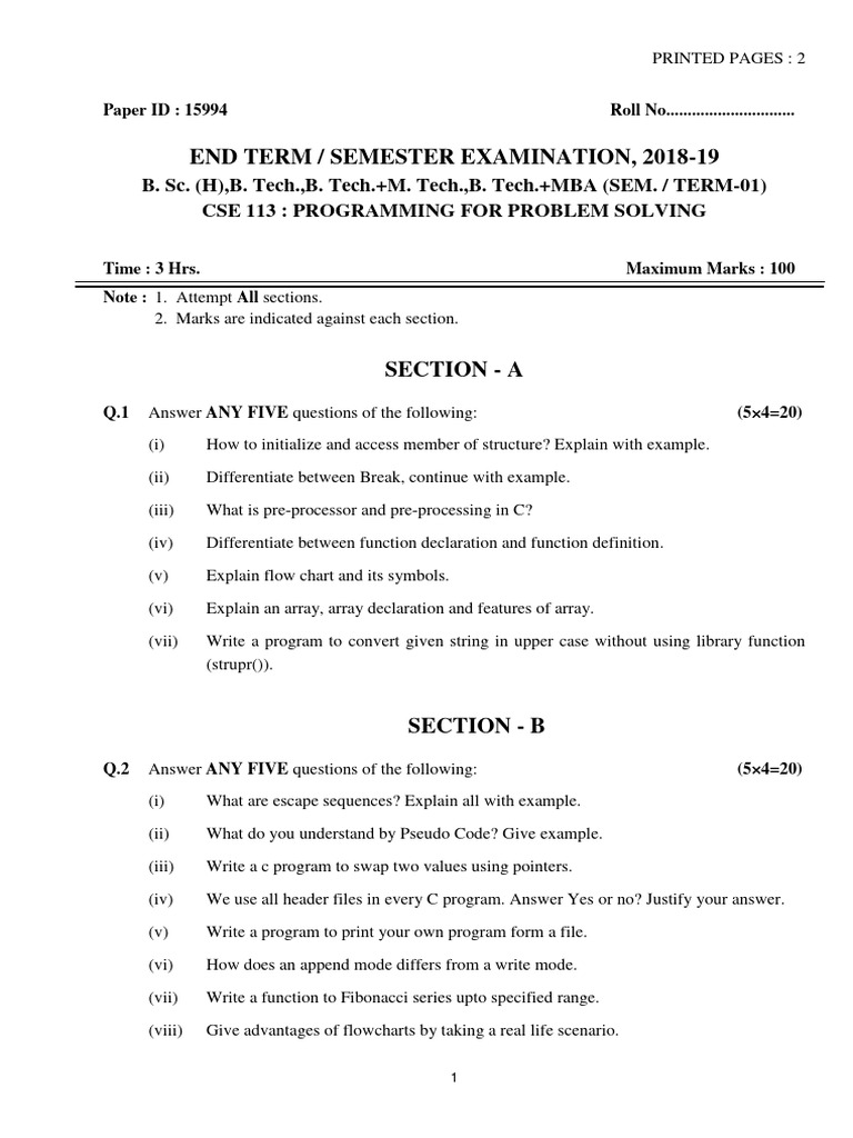 PROGRAMMING FOR PROBLEM SOLVING (CSE 113) B. Sc. (H), B. Tech.,B. Tech.+M. Tech.,B. Tech.+MBA ...