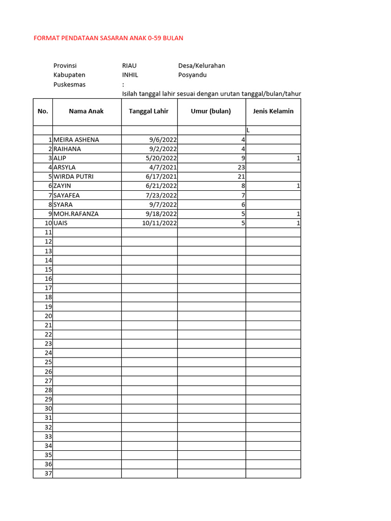 Format Sasaran Anak (PIN POLIO) | PDF