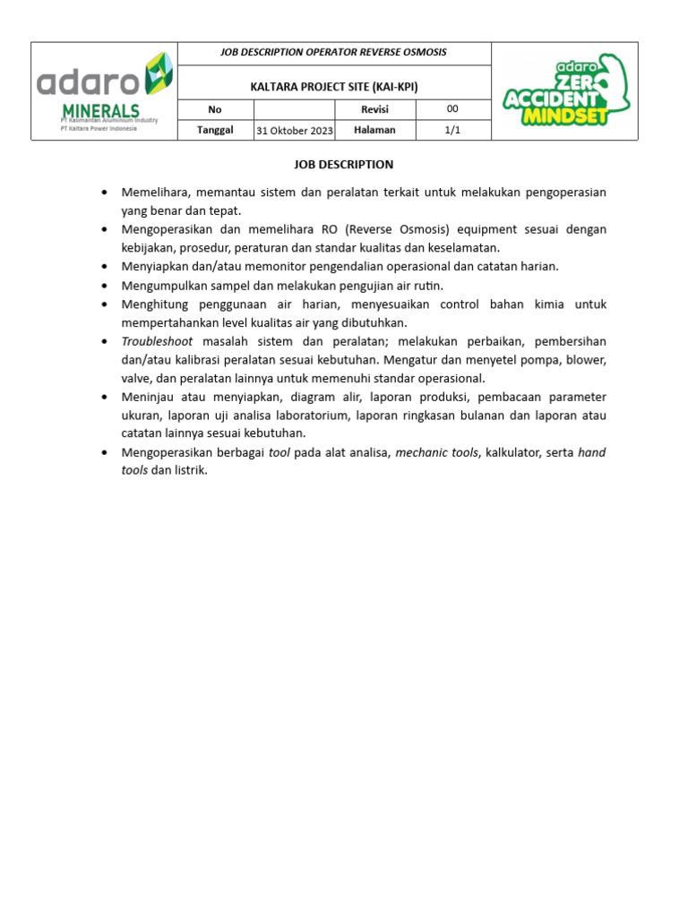 JOB DESCRIPTION Reverse Osmosis Operator | PDF