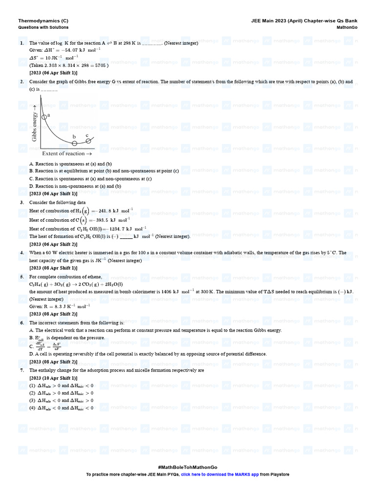 Thermodynamics (C) - JEE Main 2023 April Chapterwise PYQ - MathonGo | PDF