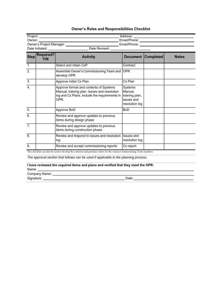 Owner S Roles and Responsibilities Checklist | PDF | Computing