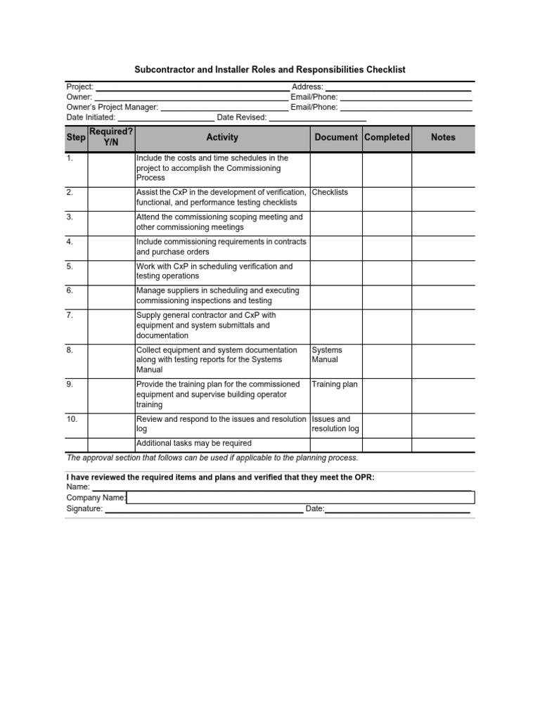 Subcontractor and Installer Roles and Responsibilities Checklist | PDF ...