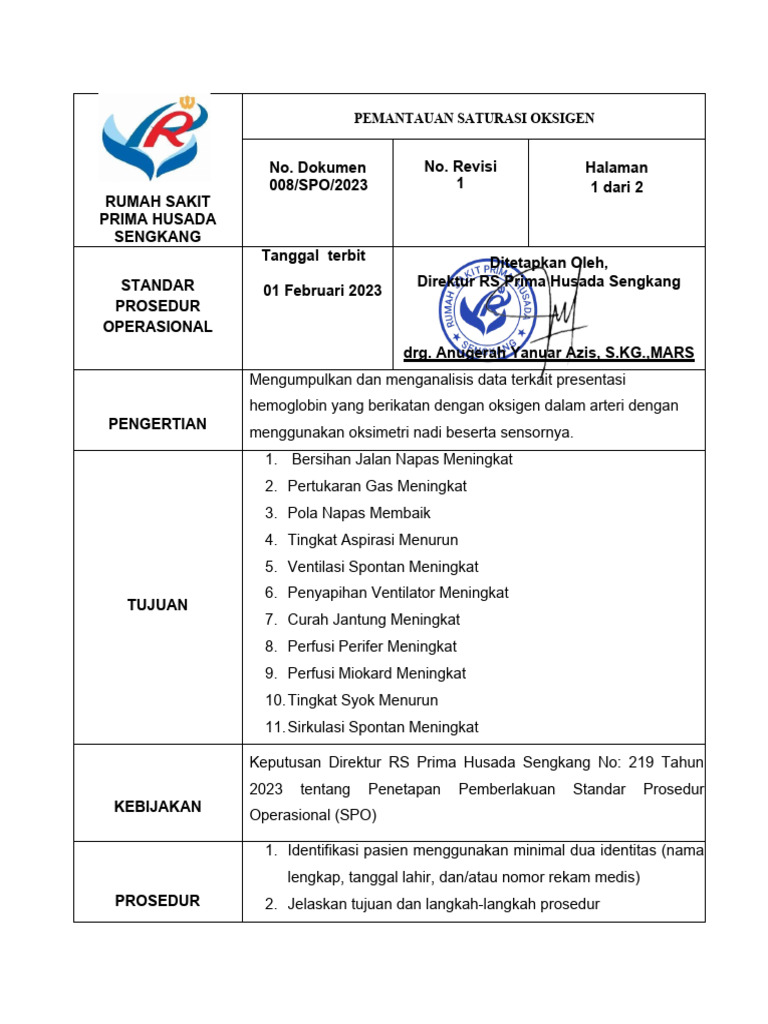 008 Sop Pemantauan Saturasi Oksigen | PDF