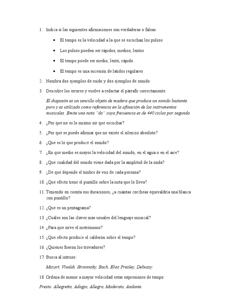 Ejercicios de Música para 2º ESO | PDF | Tempo | Sonido
