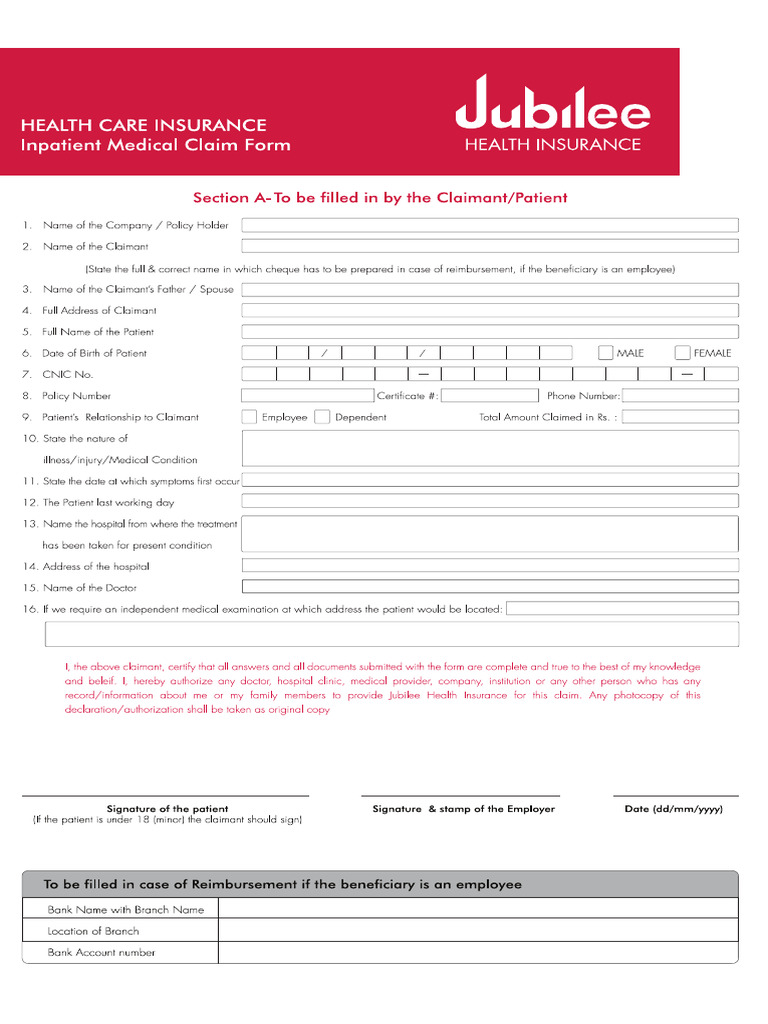 In-Patient Claim Form - Jubilee Insurance - PDF - Jubilee Insurance ...